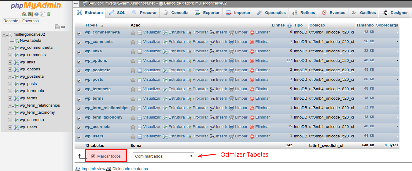 Otimizar tabelas do MySQL no phpMyAdmin - kingHost