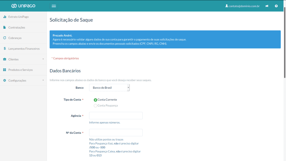 Como solicitar o saque do UniPago - kingHost